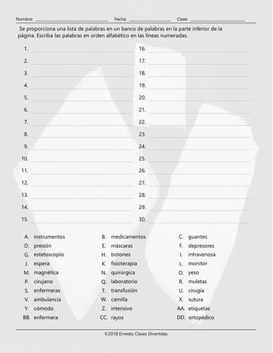 Hospitals and Injuries Alphabetical Order I Spanish Worksheet ...