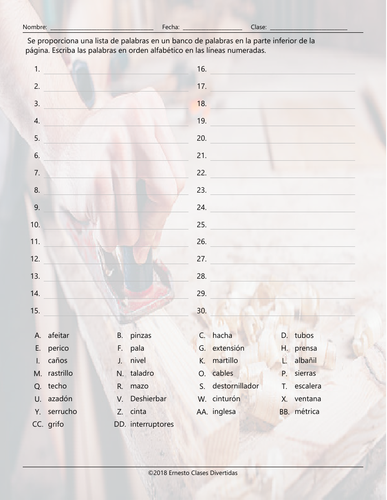 House Repairs, Tools, and Supplies Alphabetical Order I Spanish ...