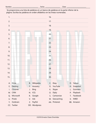 Internet Sites Alphabetical Order I Spanish Worksheet | Teaching Resources