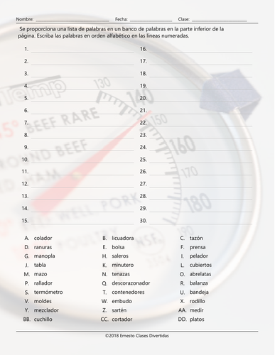 Kitchen Cookware and Utensils Alphabetical Order I Spanish Worksheet ...