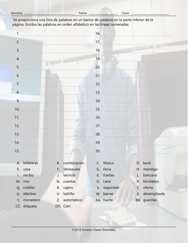 Money and Banking Alphabetical Order I Spanish Worksheet | Teaching ...