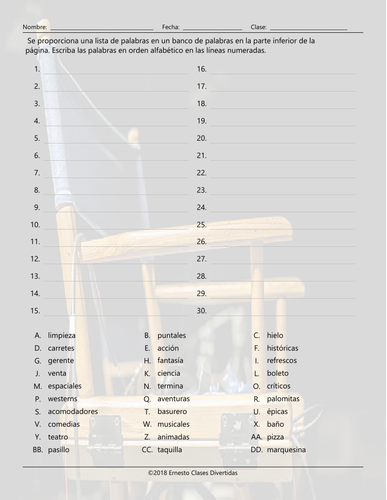 Movie Things and Genres Alphabetical Order I Spanish Worksheet ...