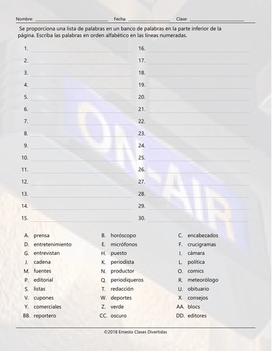 News Media Alphabetical Order I Spanish Worksheet | Teaching Resources