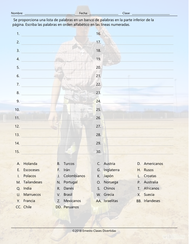Origins and Nationalities Alphabetical Order I Spanish Worksheet ...