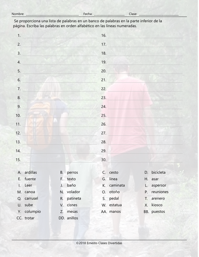 Park Things and Activities Alphabetical Order I Spanish Worksheet ...