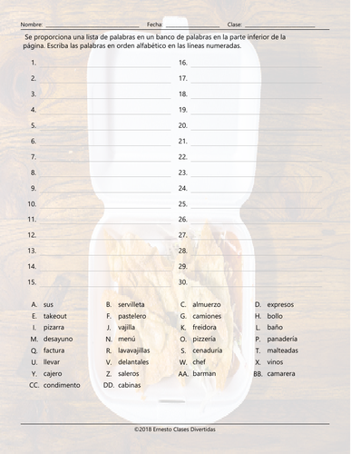 Restaurant Things and Activities Alphabetical Order I Spanish Worksheet ...