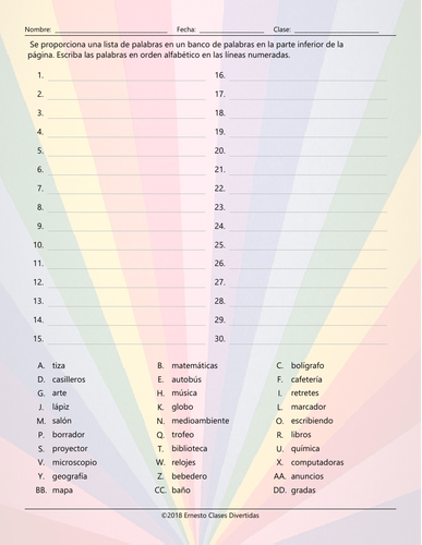 School Items, Places, and Subjects Alphabetical Order I Spanish ...
