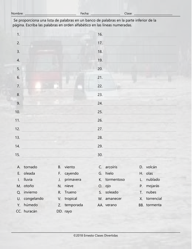 Seasons and Weather Alphabetical Order I Spanish Worksheet | Teaching ...