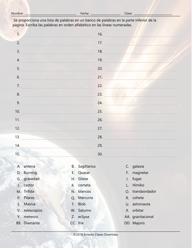 Space and Astronomy Alphabetical Order I Spanish Worksheet | Teaching ...