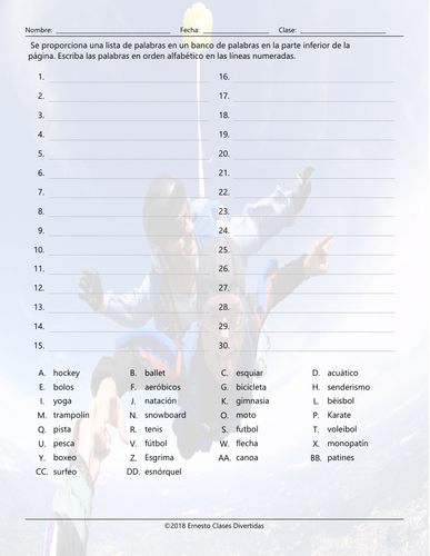 Sports and Exercise Alphabetical Order I Spanish Worksheet | Teaching ...
