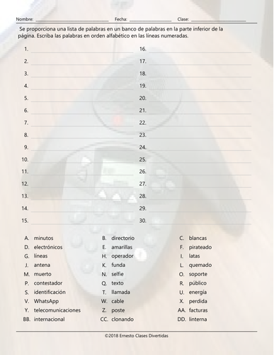 Telephones Alphabetical Order I Spanish Worksheet | Teaching Resources
