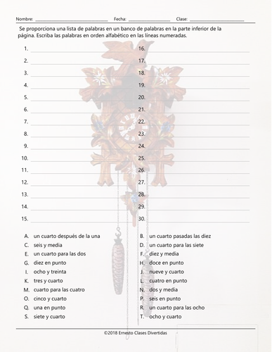 Telling Time Alphabetical Order I Spanish Worksheet | Teaching Resources