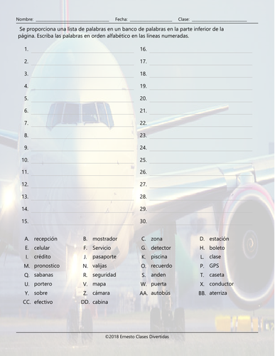 Travel Items and Modes Alphabetical Order I Spanish Worksheet ...