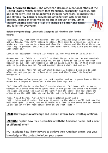 Cover worksheet for Steinbeck's Of Mice and Men- American Dream ...