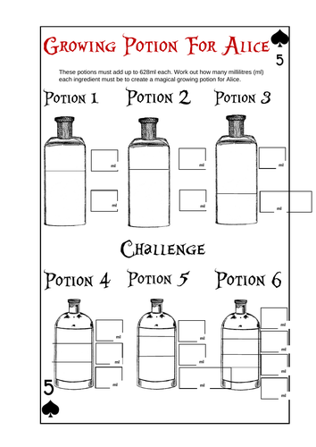 Alice in Wonderland Potions addition and subtraction problem solving ...