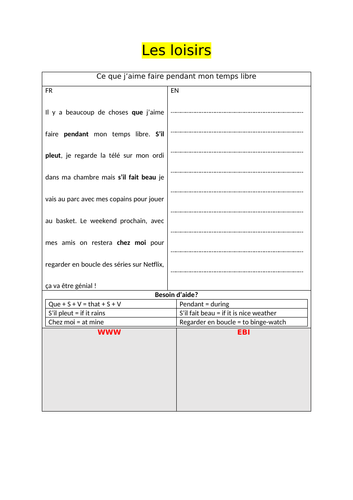 GCSE - translations - French - LEISURE (writing skills) | Teaching ...