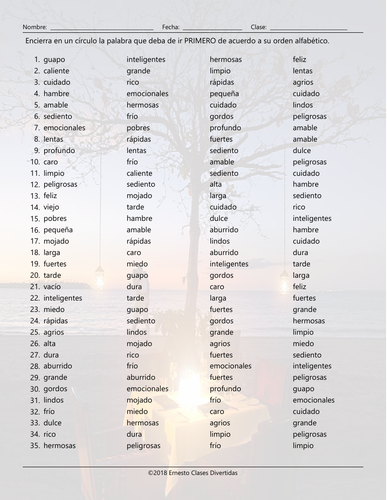 Adjectives Alphabetical Order II Spanish Worksheet | Teaching Resources Adjectives Alphabetical Order II Spanish Worksheet | Teaching Resources