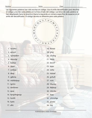 Adjectives Decoder Ring Spanish Worksheet | Teaching Resources
