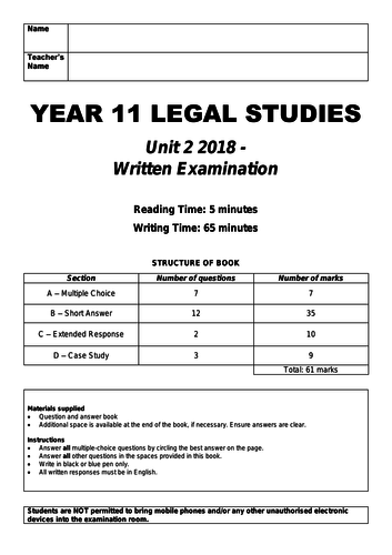 VCE Legal Studies Units 1 & 2 Examinations | Teaching Resources