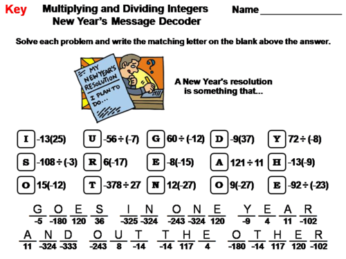 Multiplying and Dividing Integers New Year's Math Activity: Message ...
