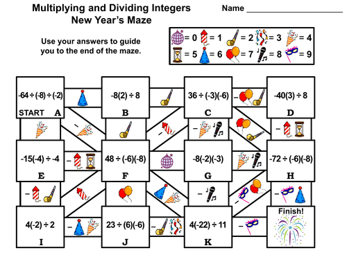 Multiplying and Dividing Integers Activity: New Year's Math Maze ...