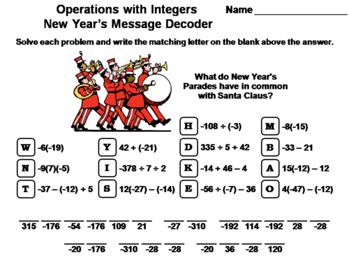 Operations with Integers New Year's Math Activity: Message Decoder ...
