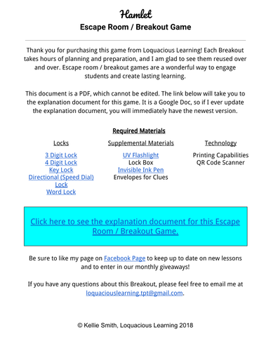 Customizable Hamlet Escape Room Game | Teaching Resources