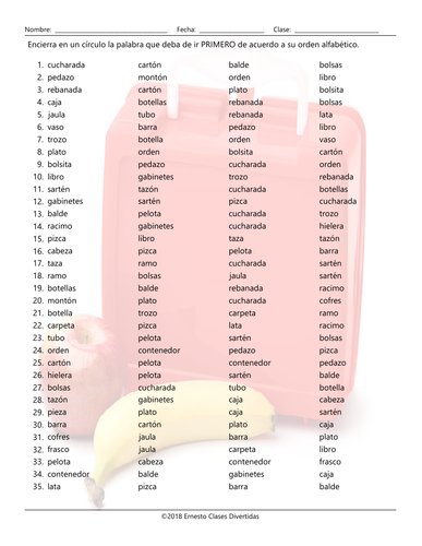 Container Words Alphabetical Order II Spanish Worksheet | Teaching ...