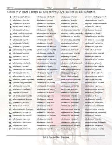 Future Perfect Continuous Tense Alphabetical Order II Spanish Worksheet ...