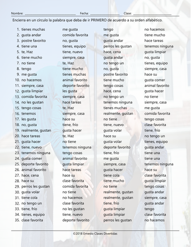 Have, Do, Like, and Favorites Alphabetical Order II Spanish Worksheet ...