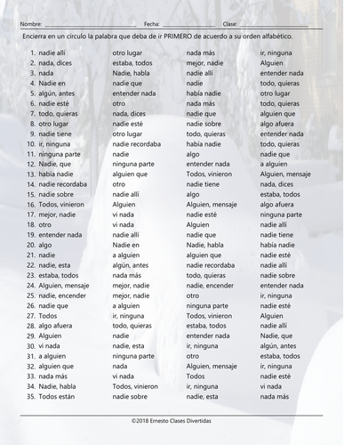 Indefinite Pronouns Alphabetical Order II Spanish Worksheet | Teaching ...