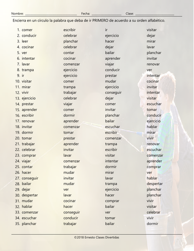 Infinitives Alphabetical Order II Spanish Worksheet2 | Teaching Resources