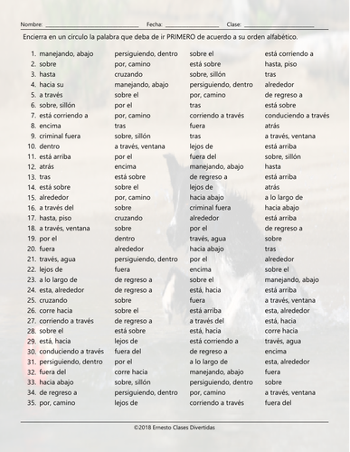 Movement Prepositions Alphabetical Order II Spanish Worksheet ...