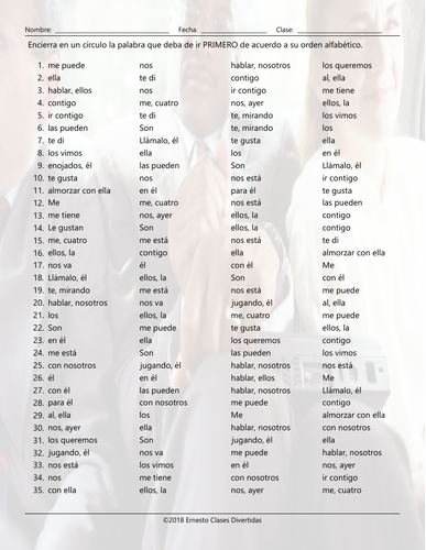 Object Pronouns Alphabetical Order II Spanish Worksheet | Teaching ...