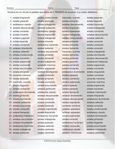 Past Continuous Tense Alphabetical Order II Spanish Worksheet ...