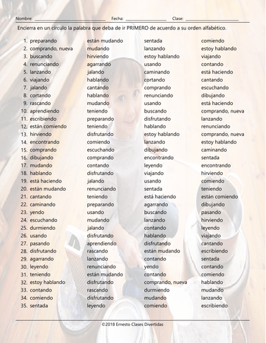 Present Continuous Tense Alphabetical Order II Spanish Worksheet ...