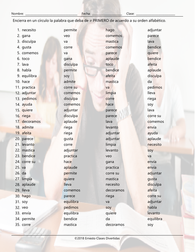 Present Simple Tense Alphabetical Order II Spanish Worksheet | Teaching ...