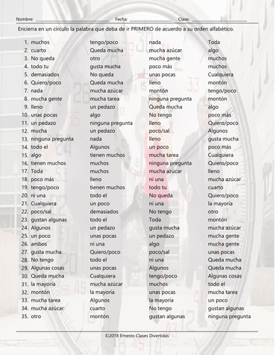 Quantifiers Alphabetical Order II Spanish Worksheet | Teaching Resources