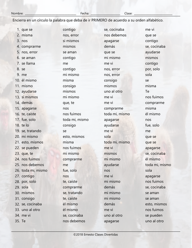 Reflexive and Reciprocal Alphabetical Order II Spanish Worksheet ...