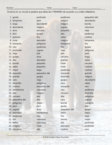 Superlative Adjectives Alphabetical Order II Spanish Worksheet ...