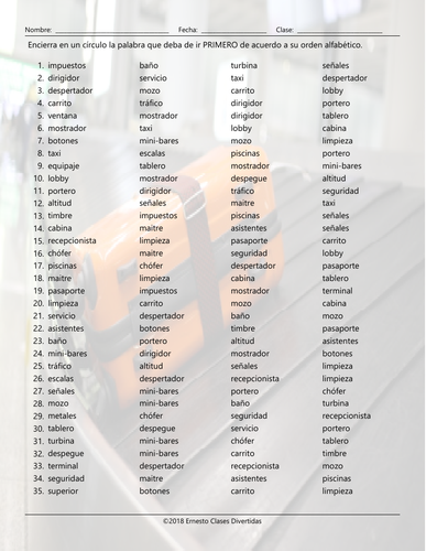Airports and Hotels Alphabetical Order II Spanish Worksheet | Teaching ...