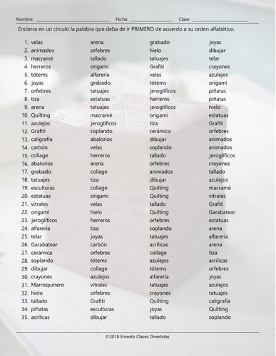 Art Forms Alphabetical Order II Spanish Worksheet | Teaching Resources