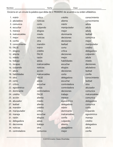 Bad Bosses are Bad Business Alphabetical Order II Spanish Worksheet ...