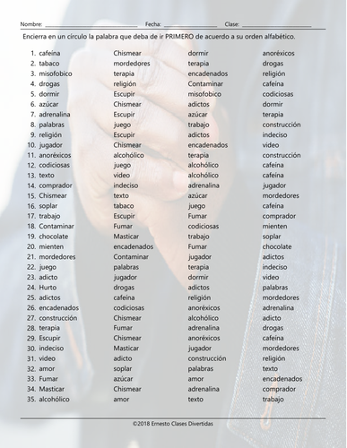Bad Habits and Addictions Alphabetical Order II Spanish Worksheet ...
