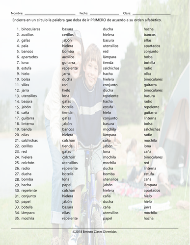 Camping Things and Activities Alphabetical Order II Spanish Worksheet ...