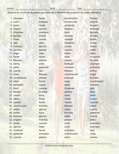 Childhood Activities Alphabetical Order II Spanish Worksheet | Teaching ...