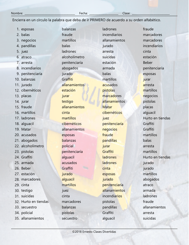 Crime, Law Enforcement, and Courts Alphabetical Order II Spanish ...