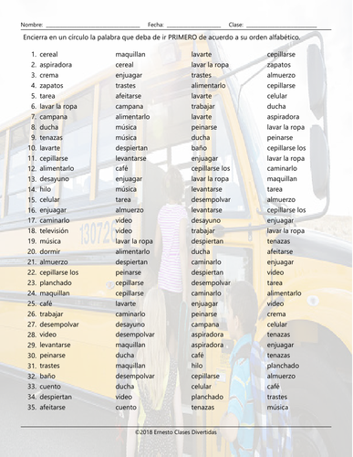 Daily Activities Alphabetical Order II Spanish Worksheet | Teaching ...