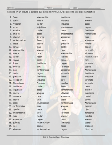 Dating and Marriage Alphabetical Order II Spanish Worksheet | Teaching ...