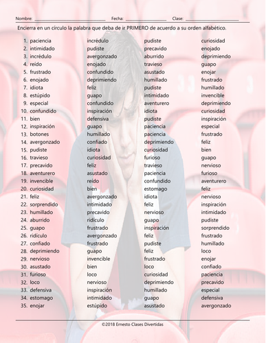 Feelings and Emotions Alphabetical Order II Spanish Worksheet ...